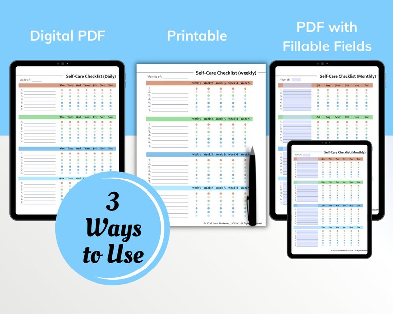 Self-care Checklist Bundle PDF, Printable, Fillable Fields, Daily ...