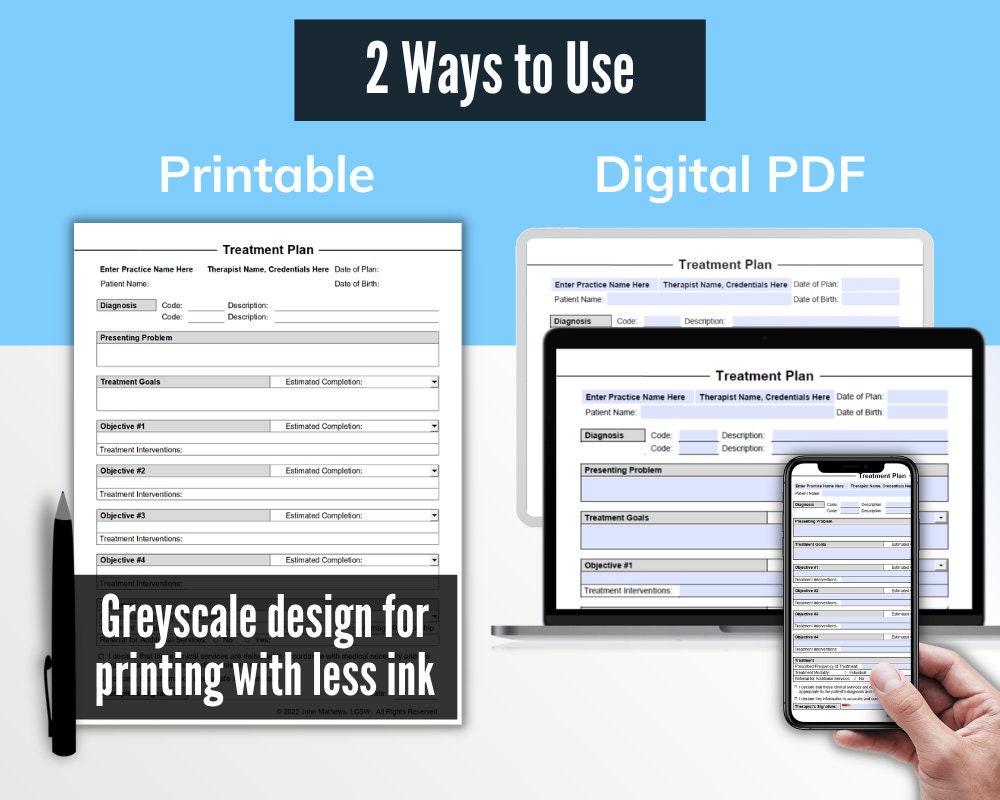 Treatment Plan Template for Therapists, PDF - Fillable & Editable ...