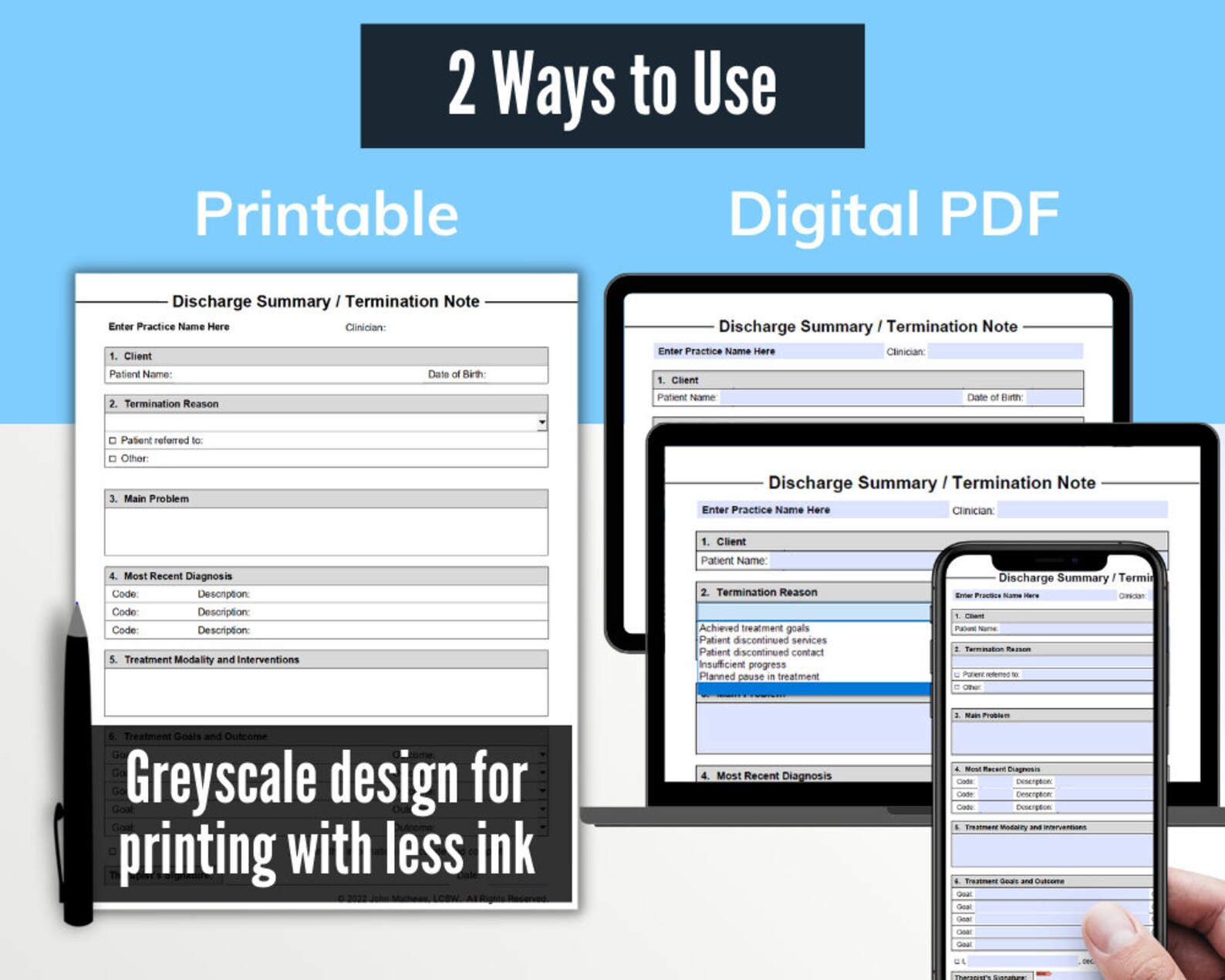 Discharge Summary Template, Termination Note for Therapists, PDF ...