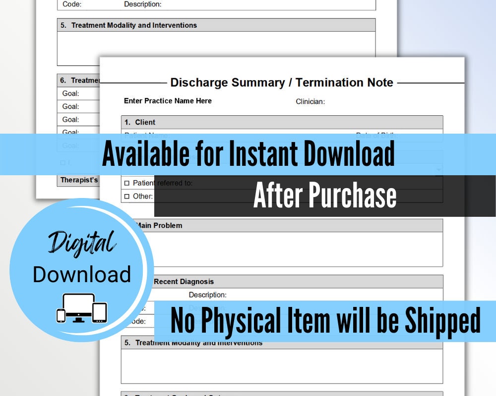 Discharge Summary Template, Termination Note for Therapists, PDF ...