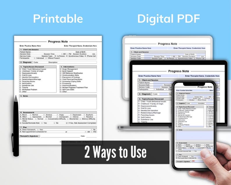 Progress Note Template for Therapists, PDF - Fillable & Editable ...