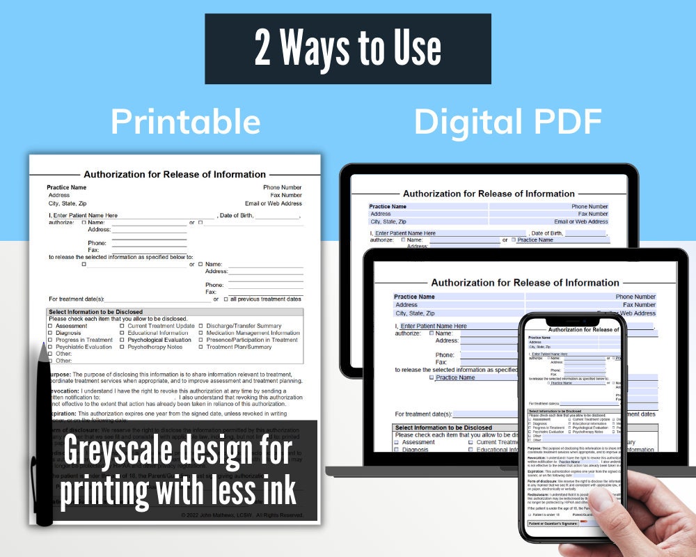 Mental Health Release of Information Form, ROI, PDF, Fillable, Editable ...