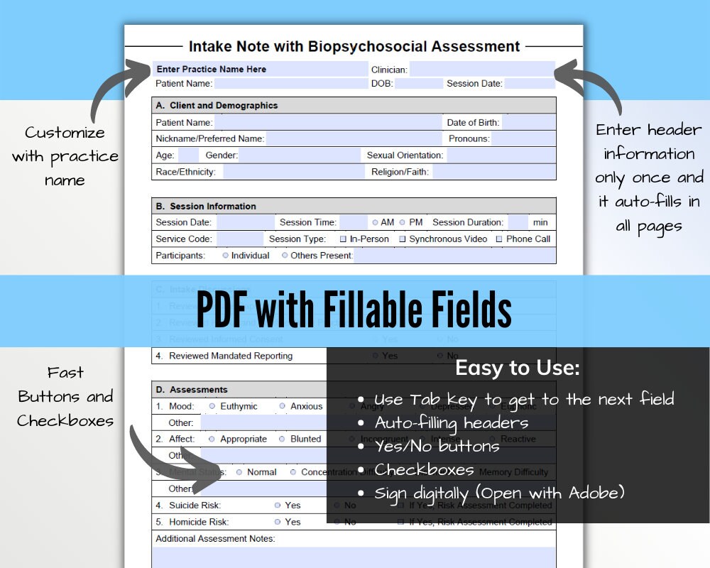 Intake Note With Biopsychosocial Assessment Template PDF | Fillable ...