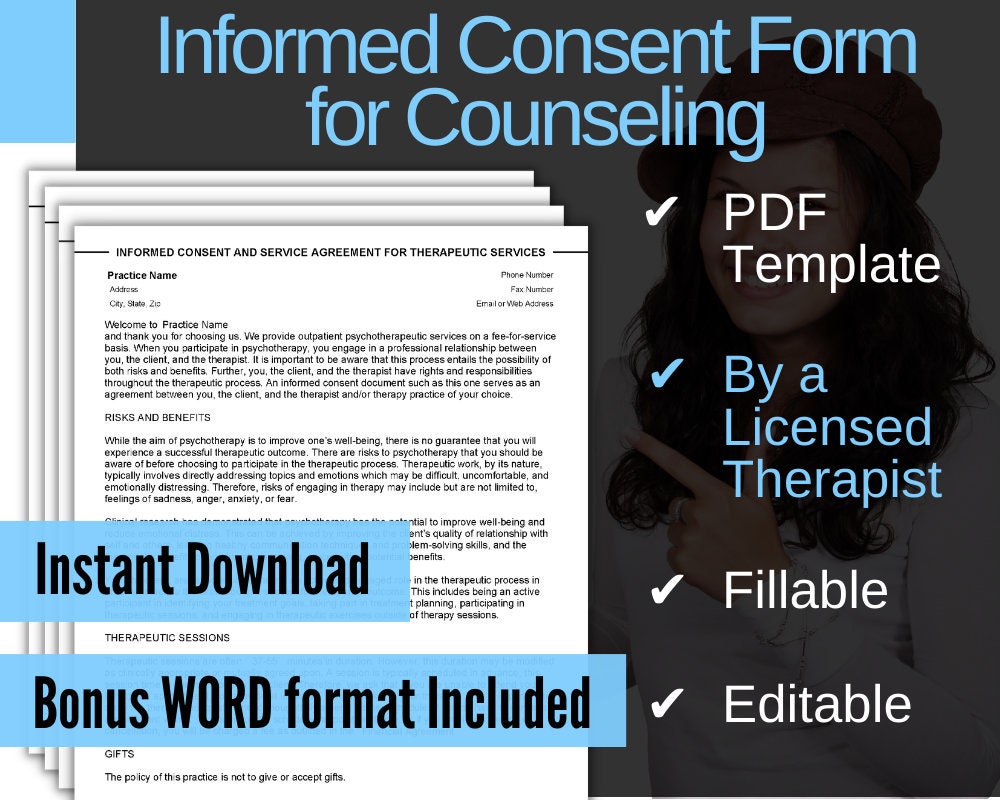 Informed Consent Form for Counseling, Therapy, Psychology, PDF, WORD Template, Fillable ...