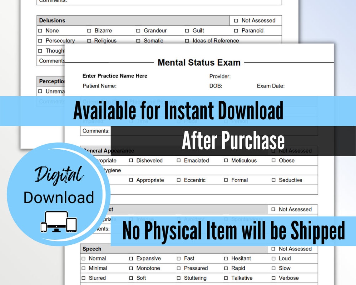 Mental Status Exam Template for Therapists, PDF - Fillable & Editable ...