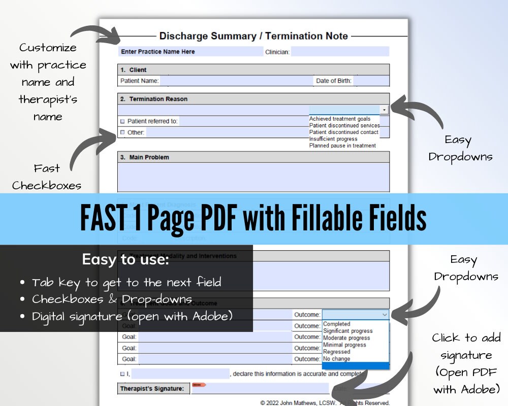 Discharge Summary Template, Termination Note for Therapists, PDF ...