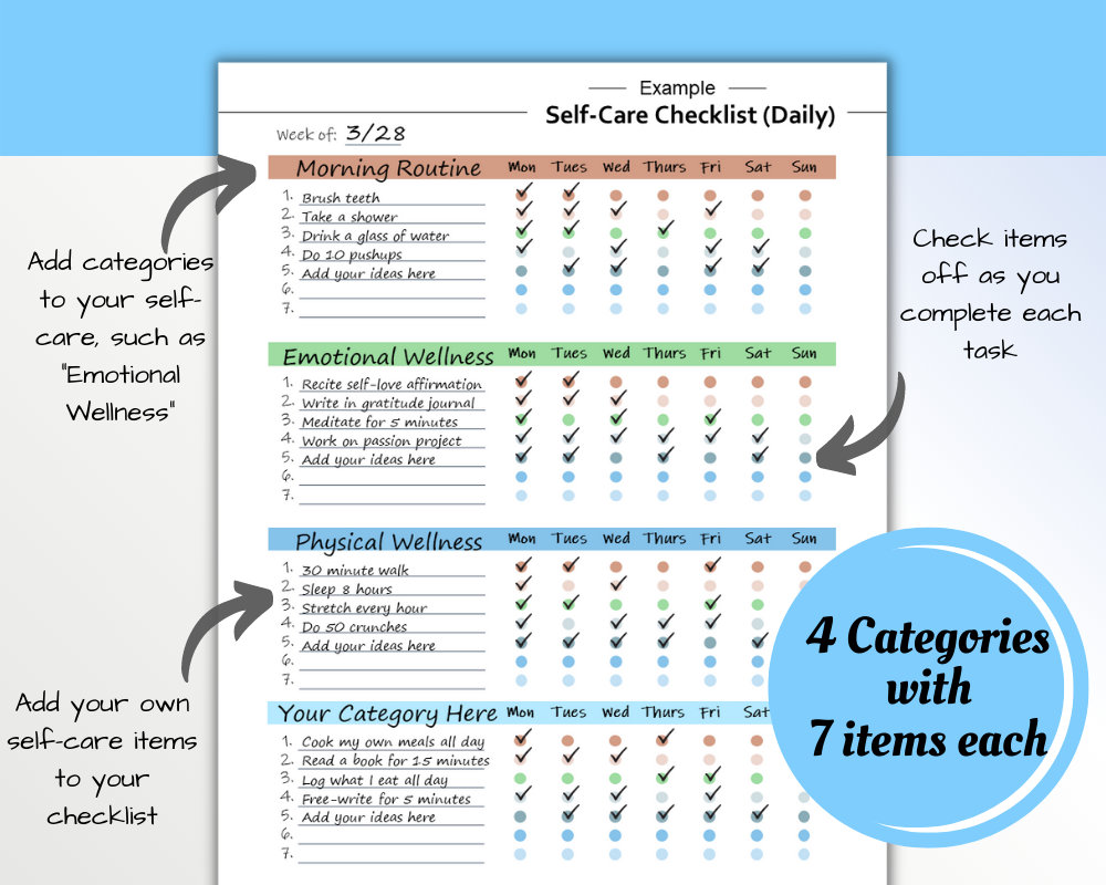 Self-care Checklist Bundle PDF, Printable, Fillable Fields, Daily ...