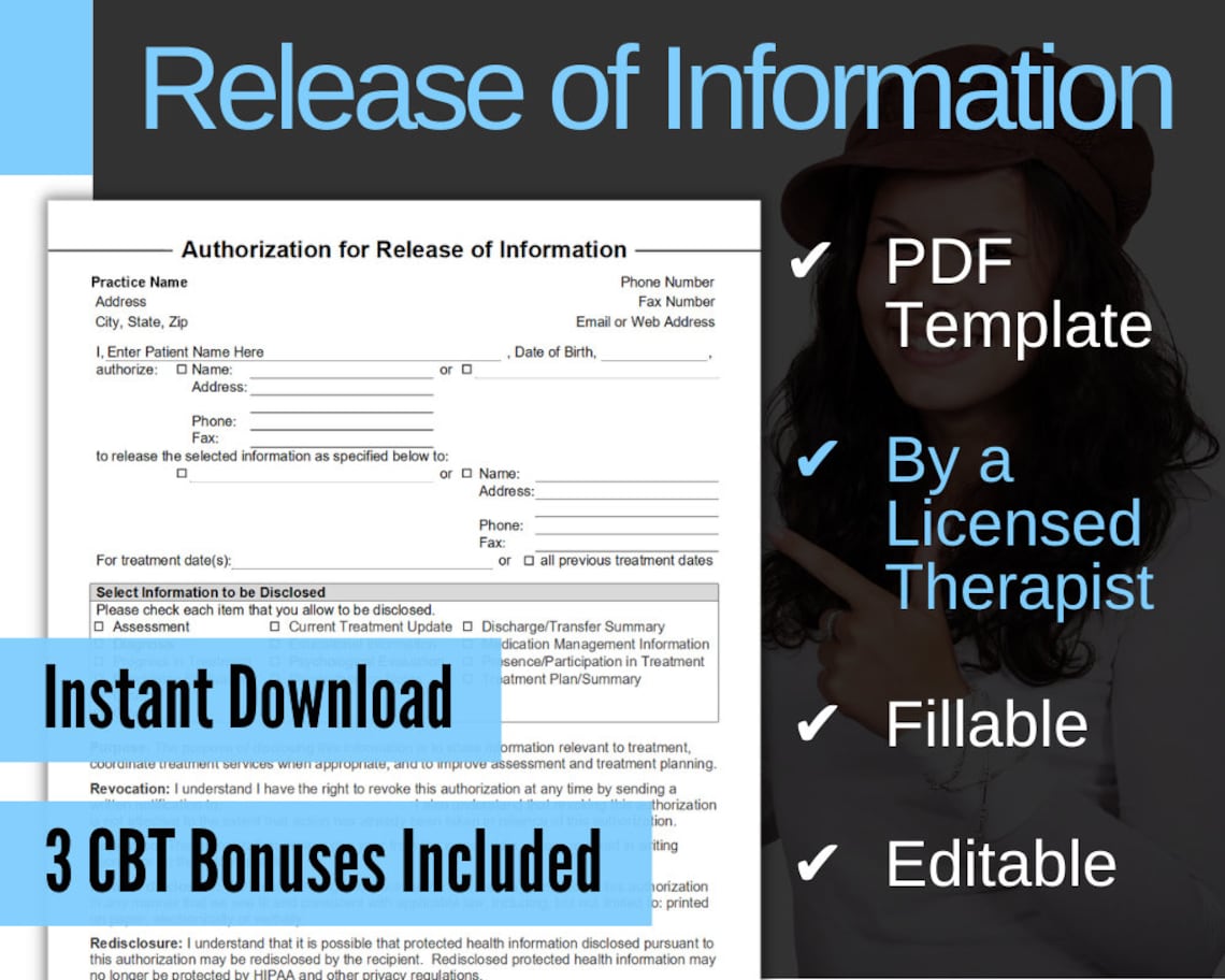 Mental Health Release of Information Form, ROI, PDF, Fillable, Editable ...