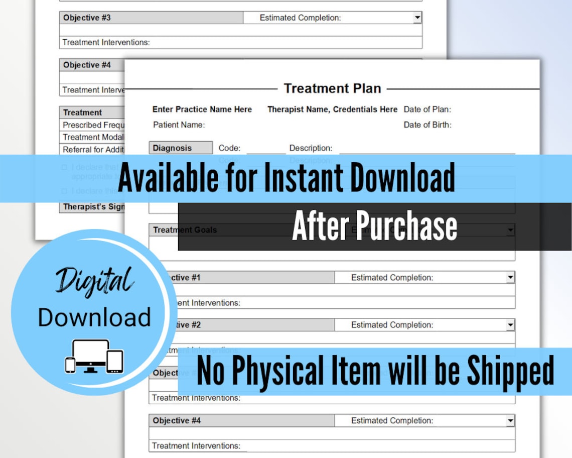 Treatment Plan Template for Therapists, PDF - Fillable & Editable ...