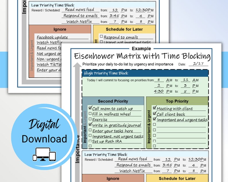 Eisenhower Matrix Template With Time Blocking (PDF) Bundle, Decision ...