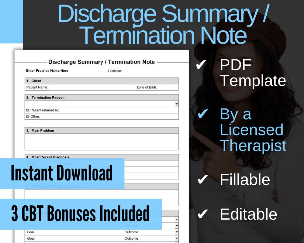 Discharge Summary Template, Termination Note for Therapists, PDF ...