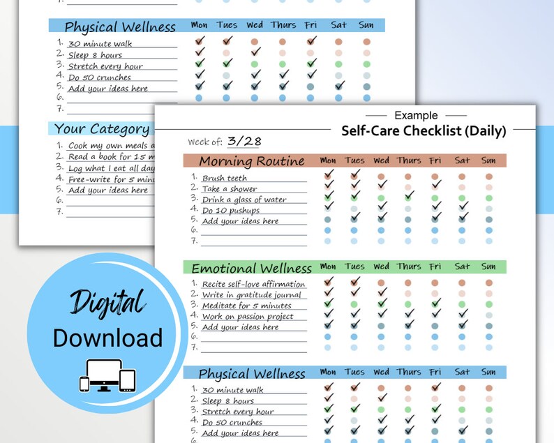 Self-care Checklist Bundle PDF, Printable, Fillable Fields, Daily ...