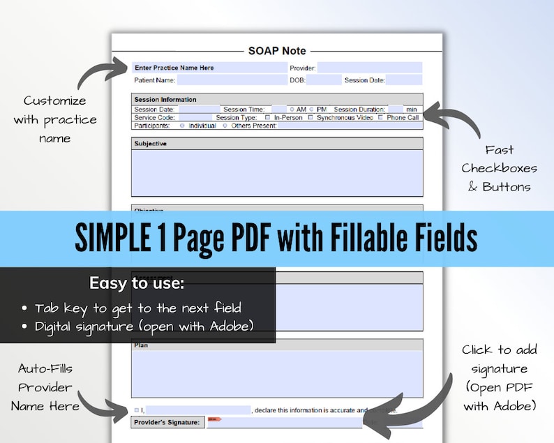 Simple SOAP Note Template for Therapists, PDF - Fillable & Editable ...