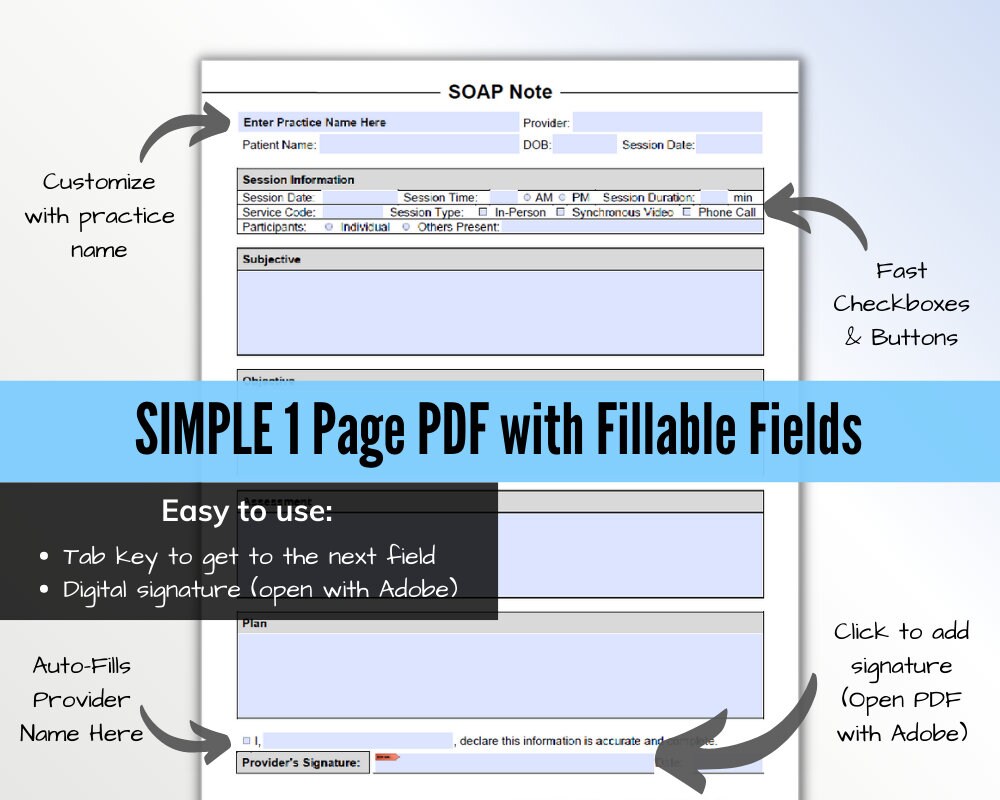 Simple SOAP Note Template for Therapists, PDF - Fillable & Editable ...