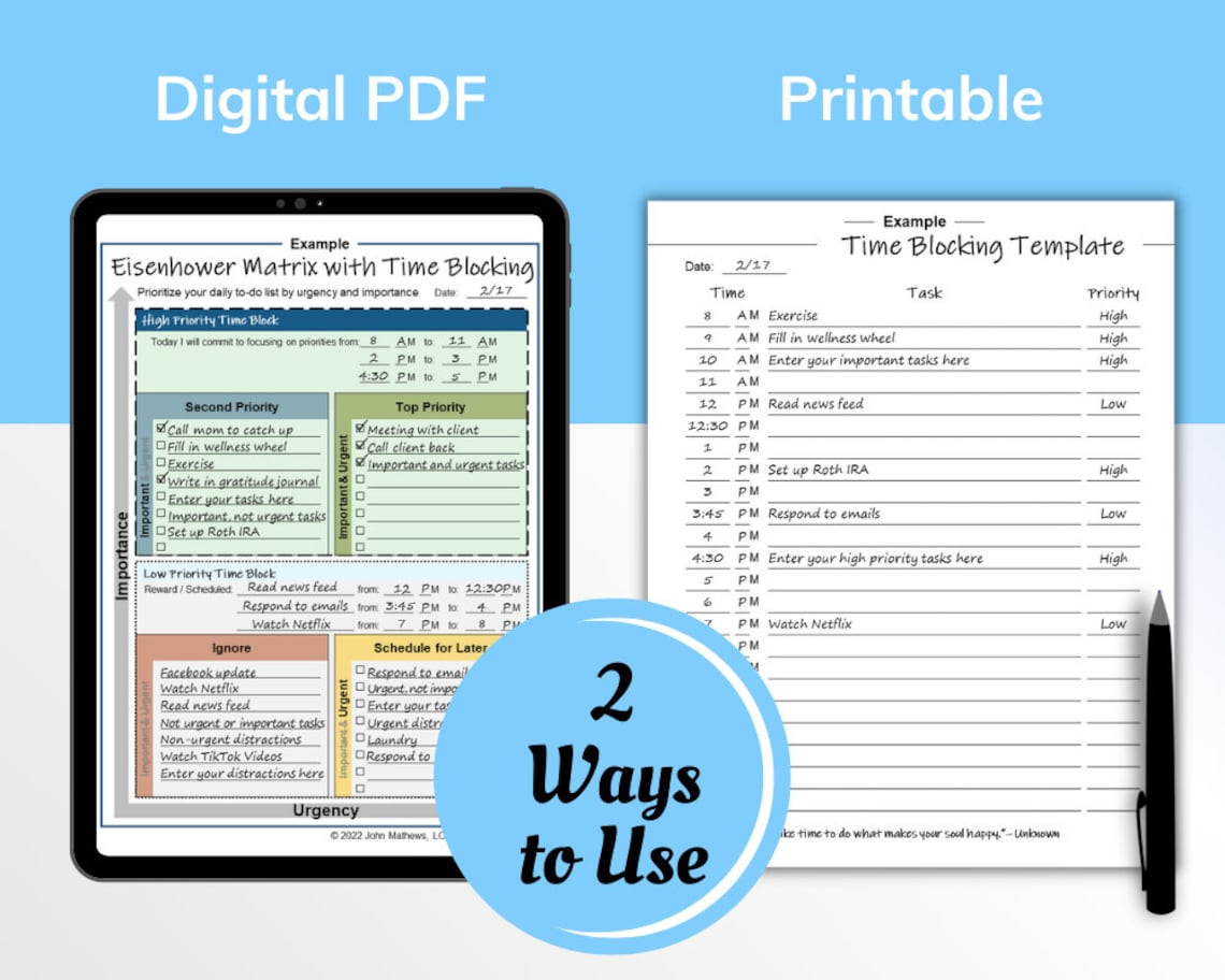 Eisenhower Matrix Template With Time Blocking PDF Bundle, Decision ...