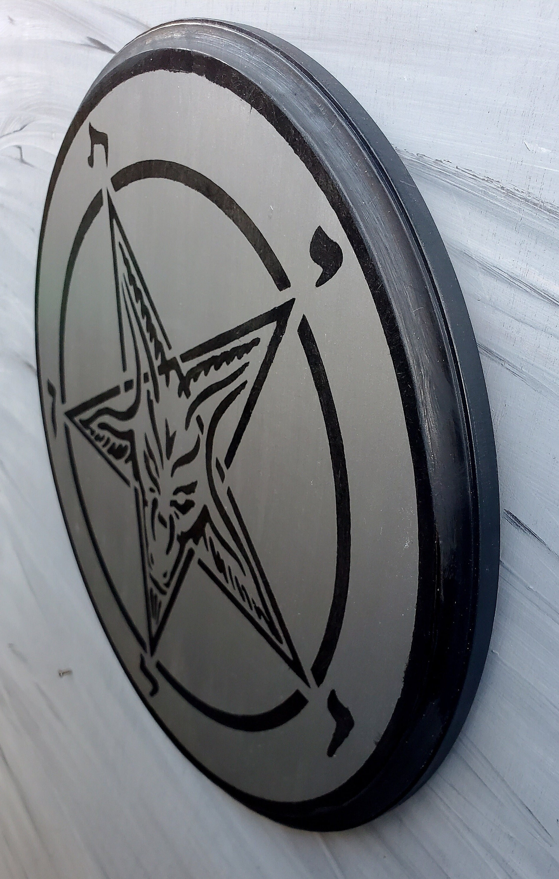 Silver Round Wood Plaque With Black Baphomet Sigil Art, Occult Plaque ...