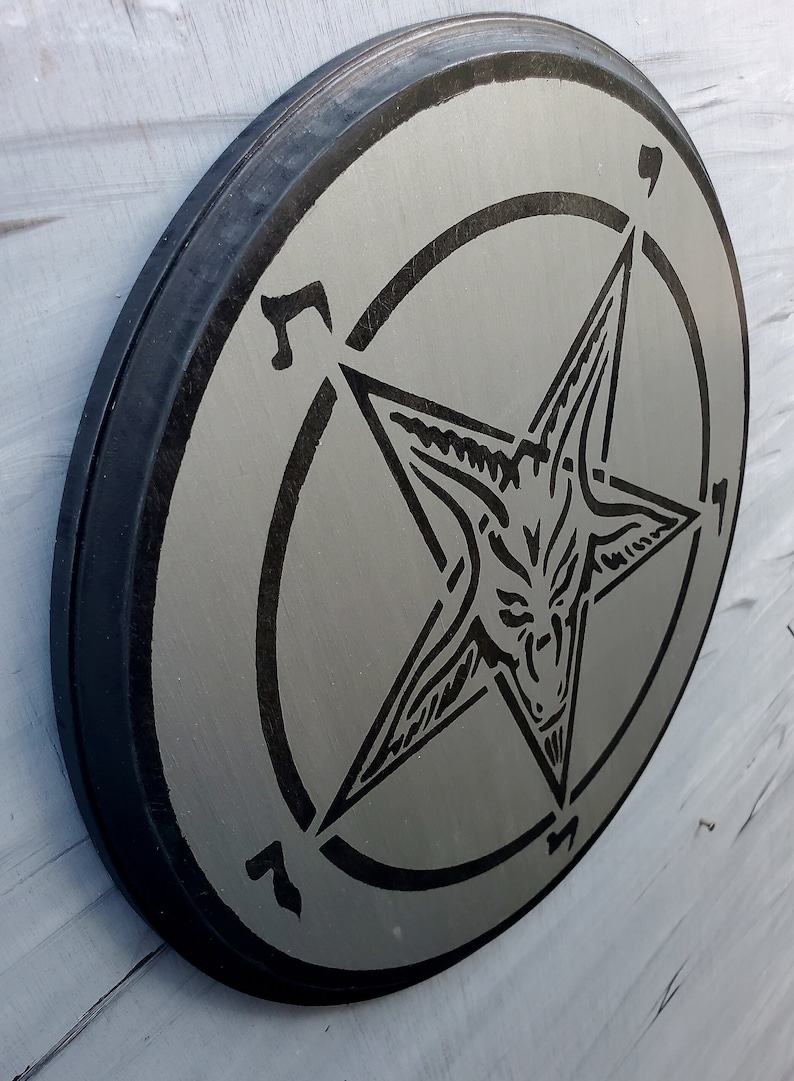 Silver Round Wood Plaque With Black Baphomet Sigil Art, Occult Plaque ...
