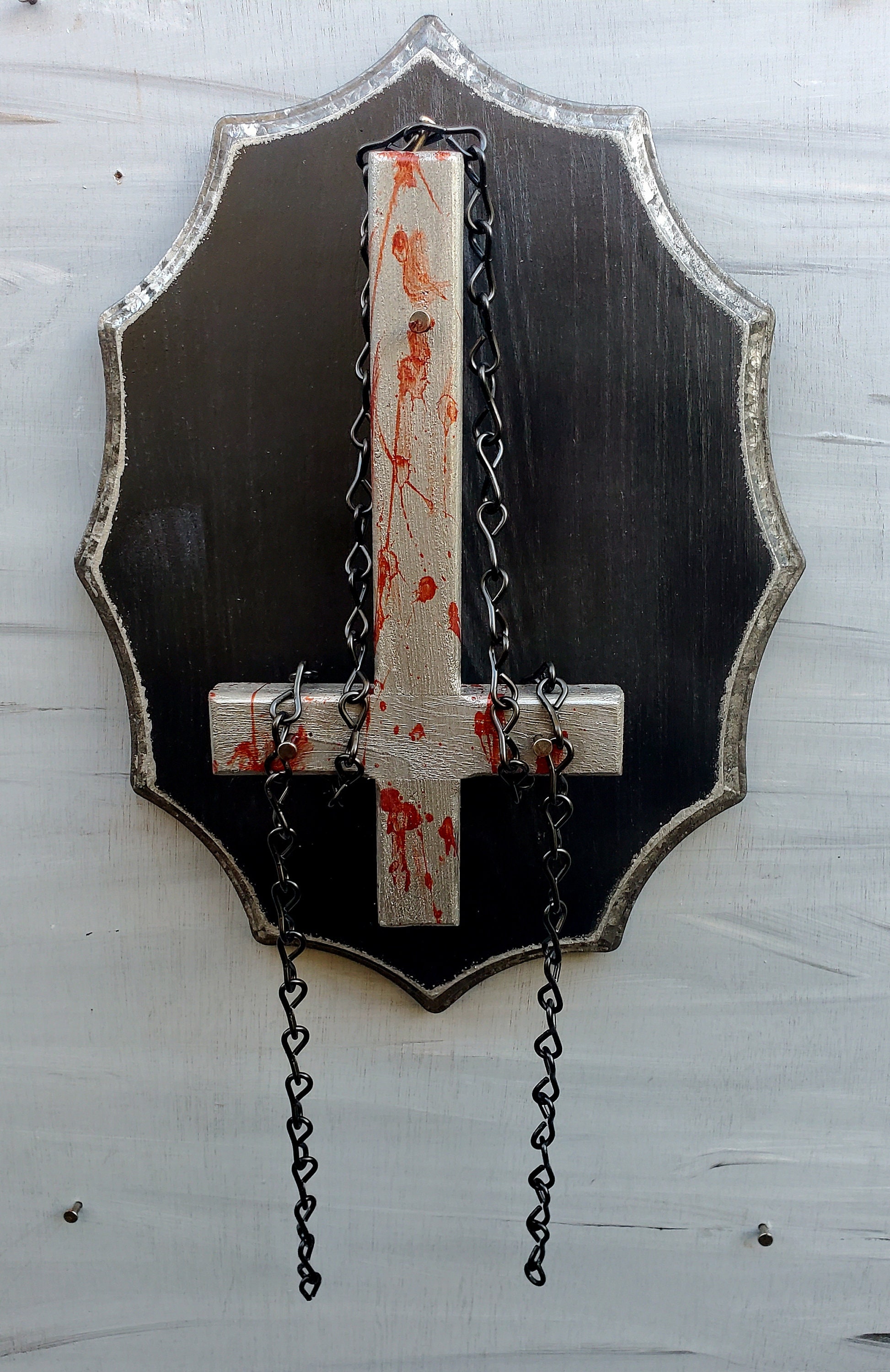 Unholy Inverted Silver Bloody Cross on Hand Painted Black Wooden Plaque ...