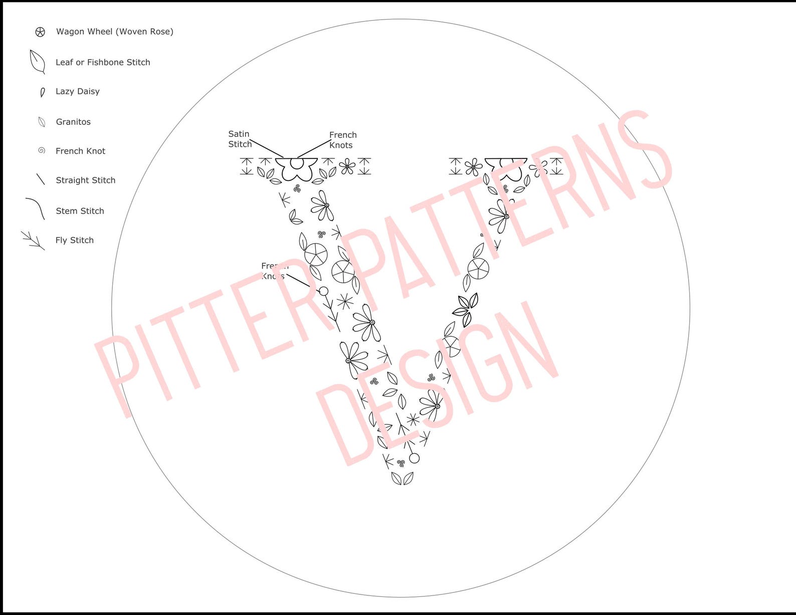 Floral Alphabet Letter V Hand Embroidery Pattern Design for Embroidered ...