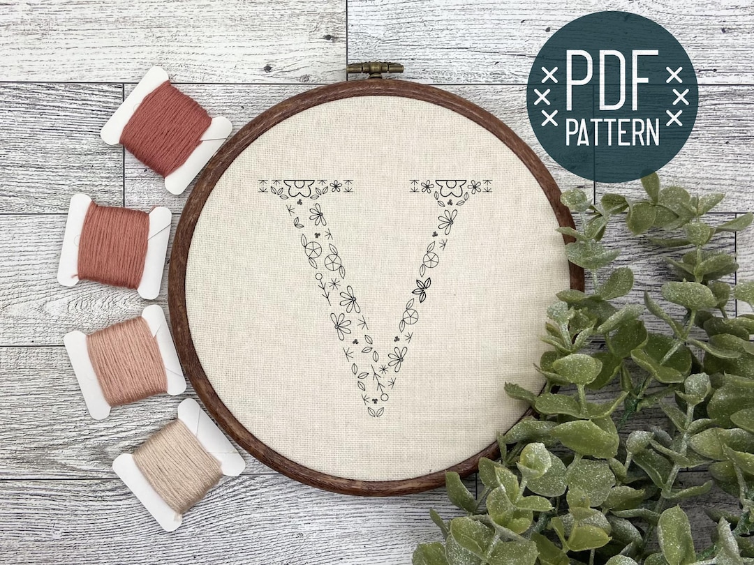 Floral Alphabet Letter V Hand Embroidery Pattern Design for Embroidered ...