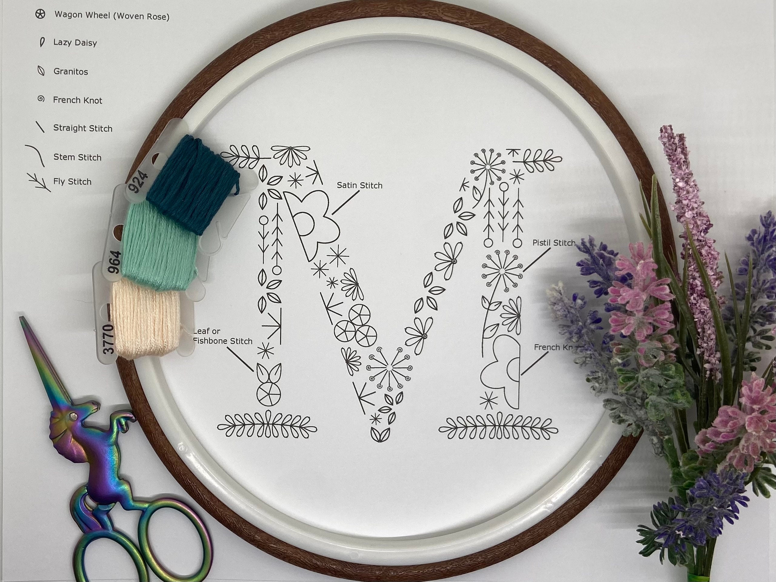 Patrón de bordado / Letra del alfabeto / Inicial floral M / Descarga ...