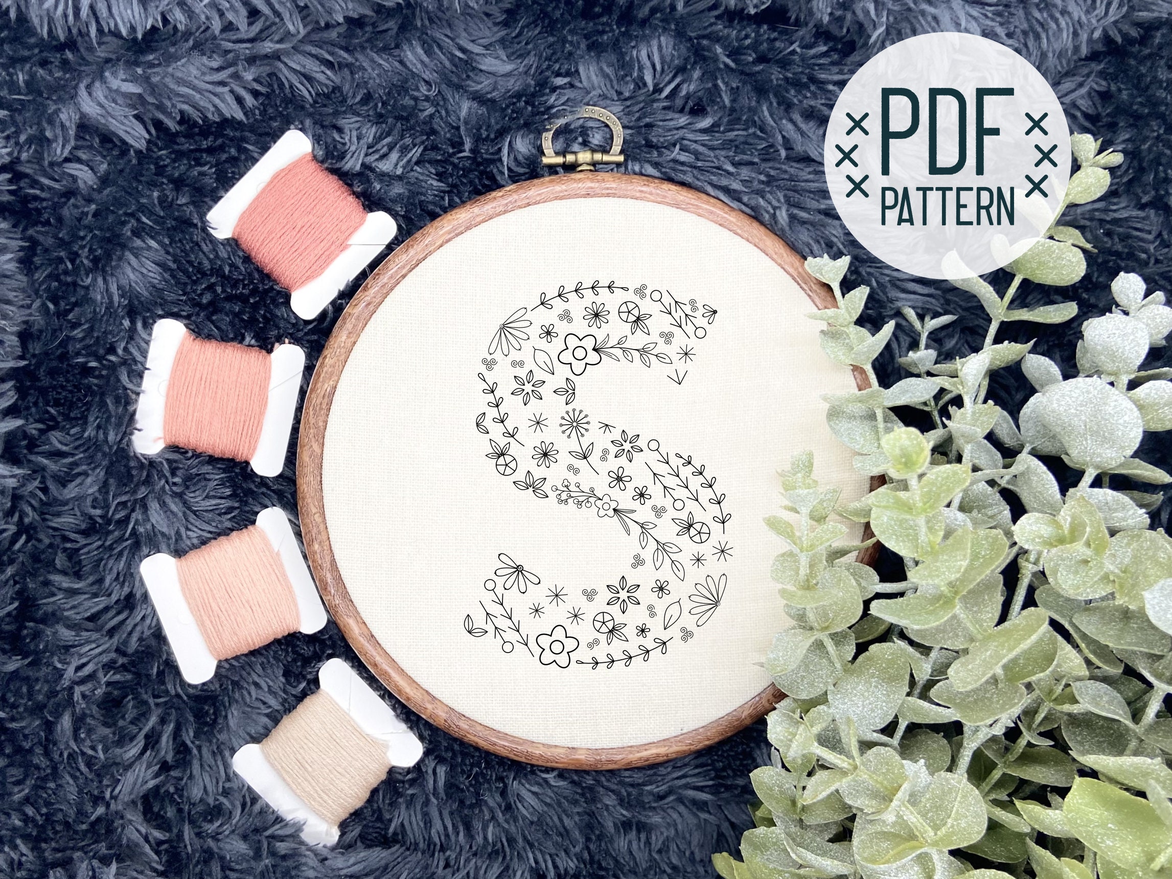 Floral Alphabet Initial Embroidery PDF Pattern, Instant Digital ...