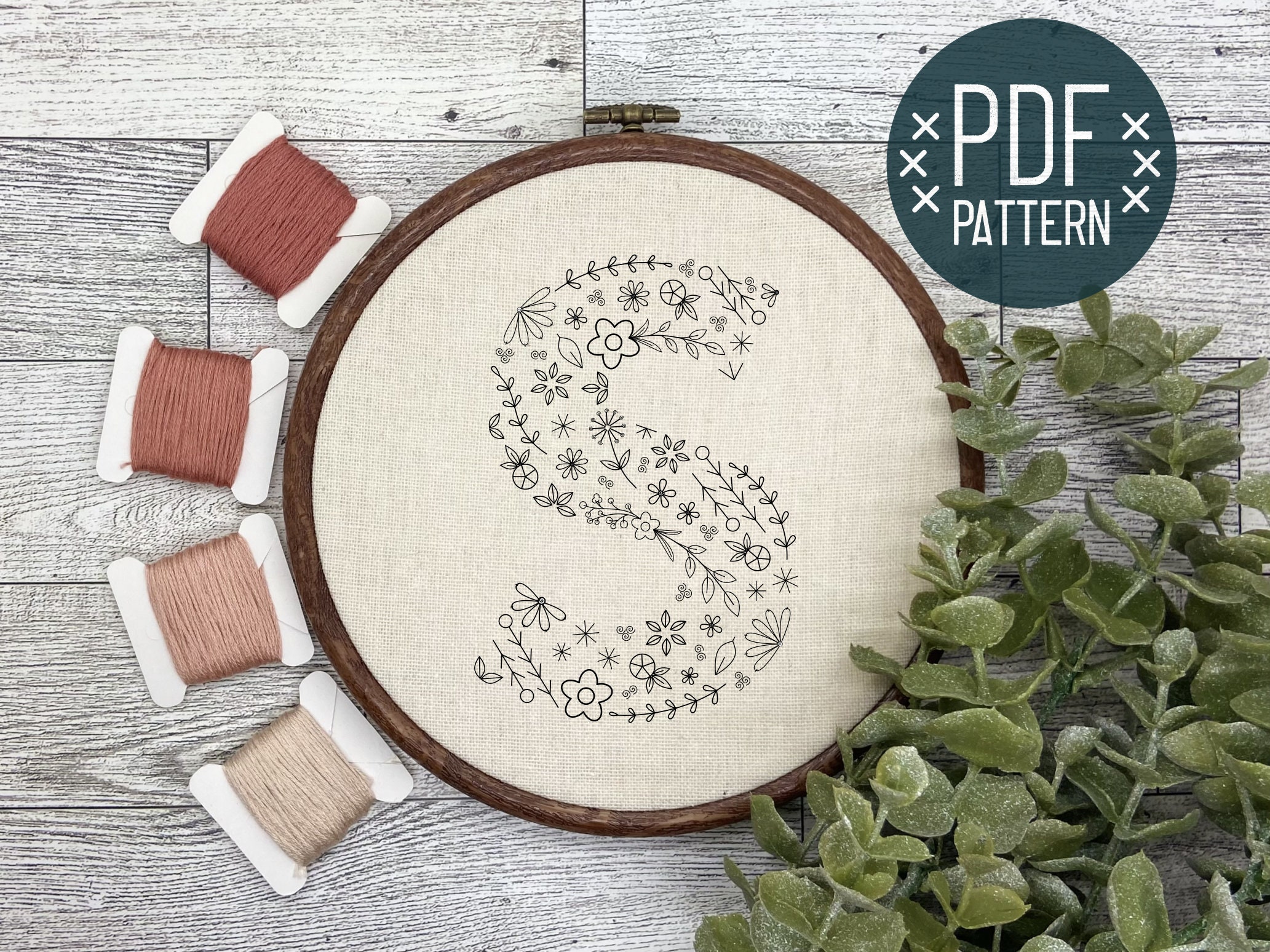 Floral Alphabet Initial Embroidery PDF Pattern, Instant Digital Download, Floral Monogram ...