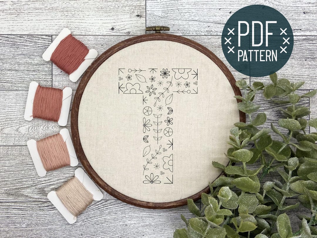 Floral Alphabet Block Letter T Hand Embroidery Pattern Design PDF ...