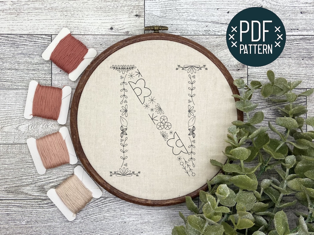 Floral Alphabet Letter N Hand Embroidery Pattern PDF Digital Download ...