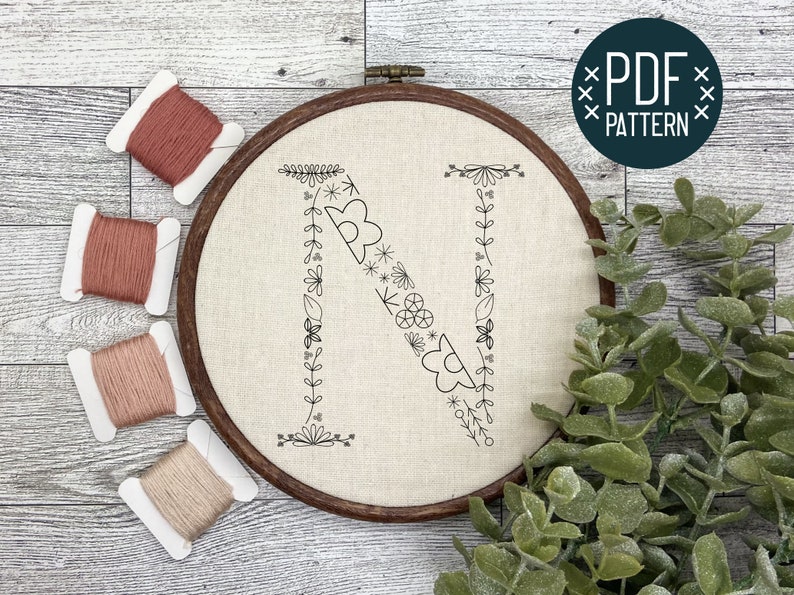 Floral Alphabet Letter N Hand Embroidery Pattern PDF Digital - Etsy