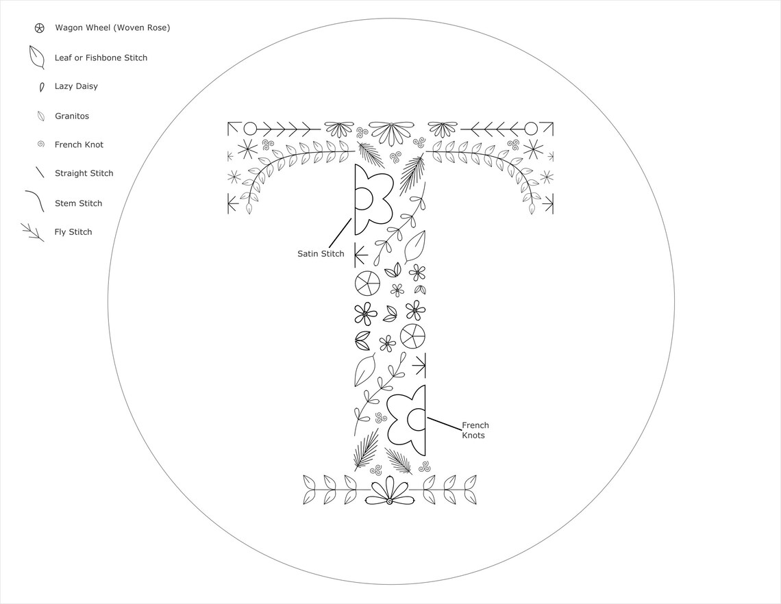Floral Embroidery Alphabet Letter T PDF Pattern Digital Download ...