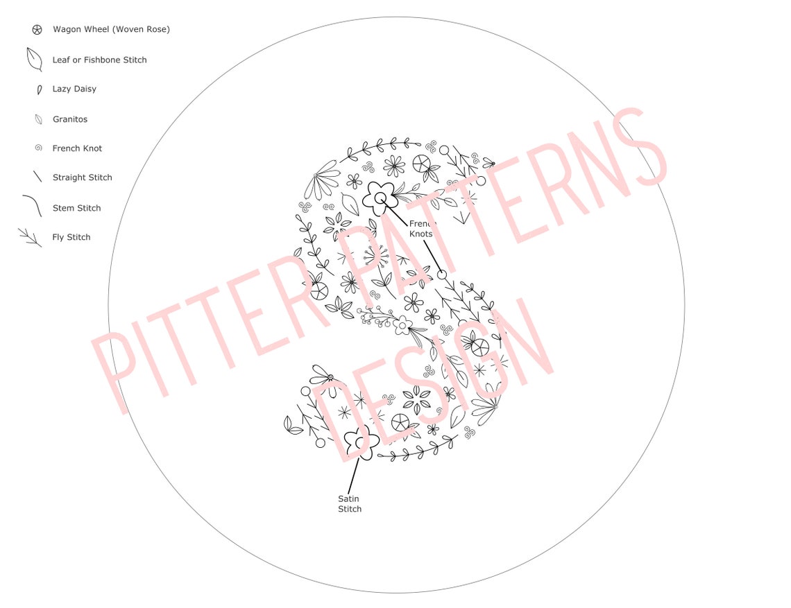 Floral Alphabet Initial Embroidery PDF Pattern, Instant Digital ...
