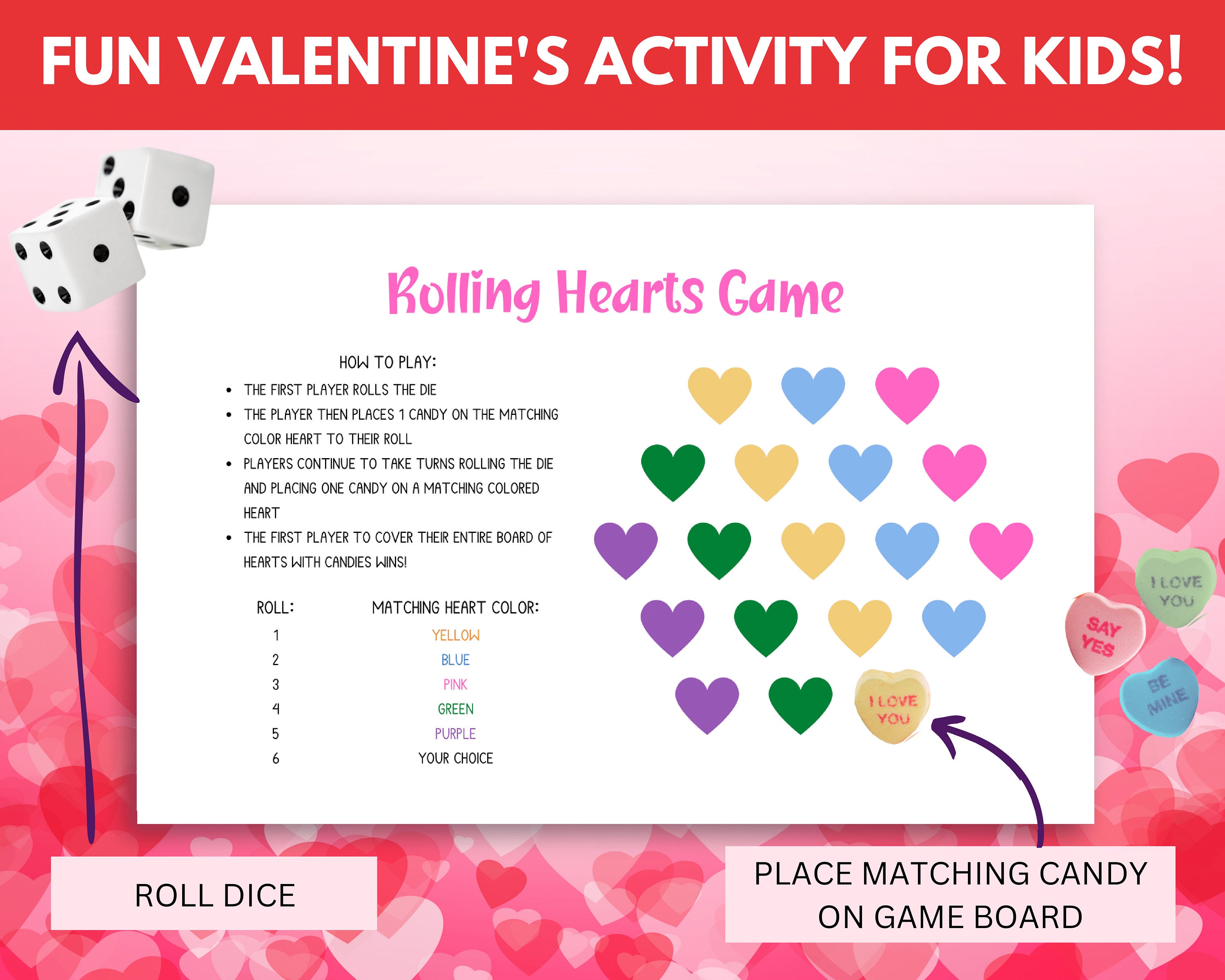 Valentine's Day Printable Kids Rolling Hearts Game, Candy Dice Game ...