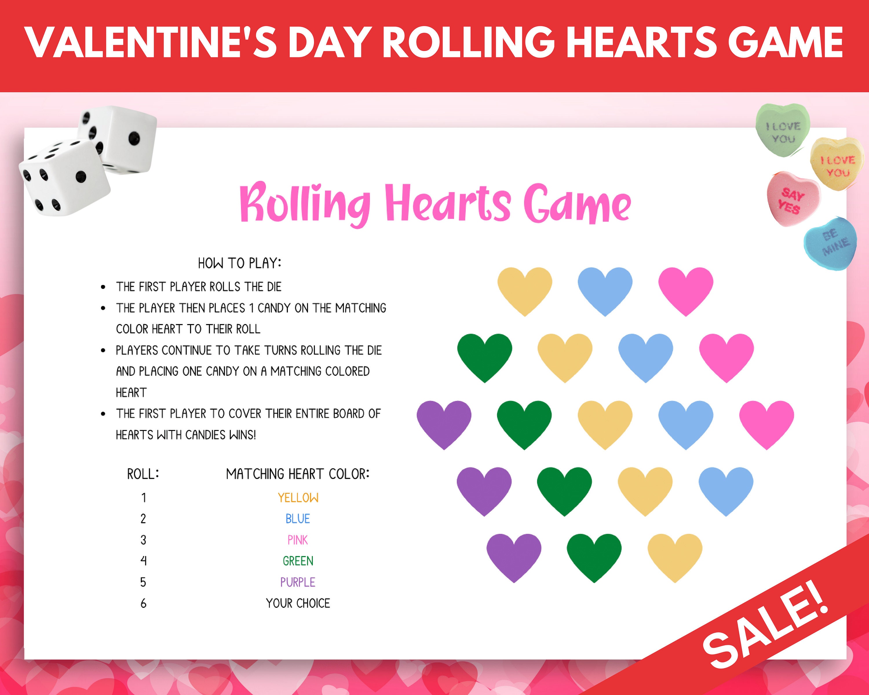 Valentine's Day Printable Kids Rolling Hearts Game, Candy Dice Game ...
