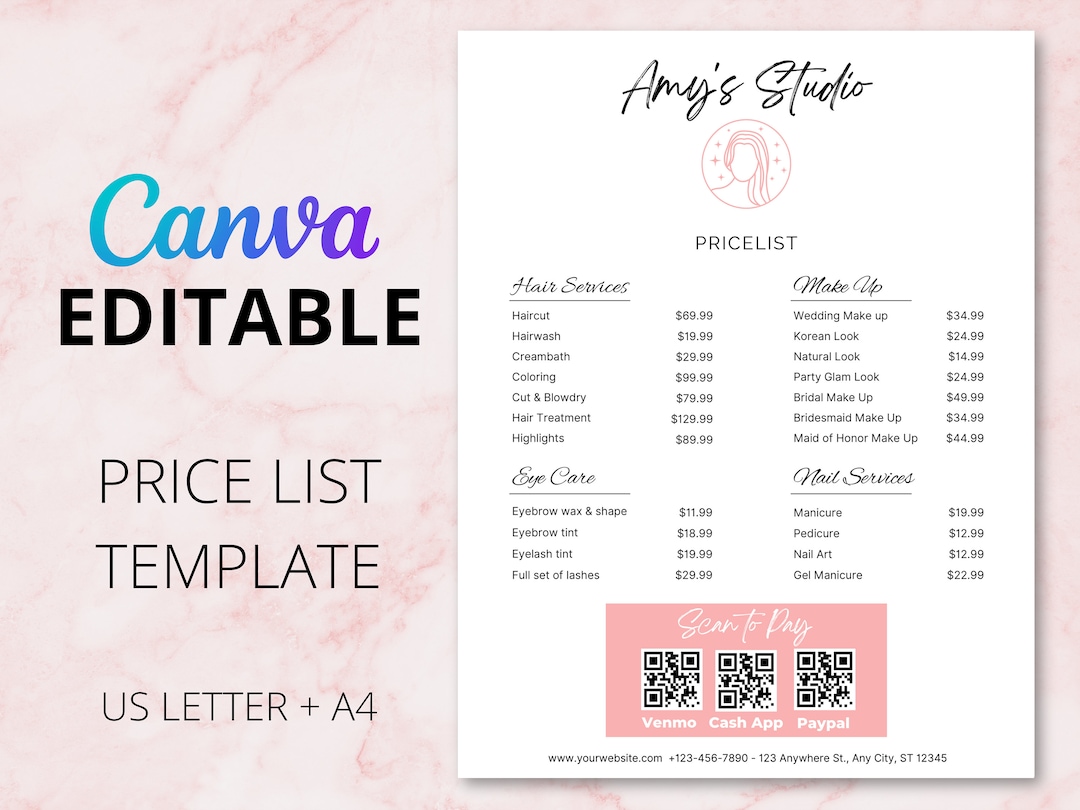 Editable Salon Price List Template, Printable Price Sheet, Price Guide ...