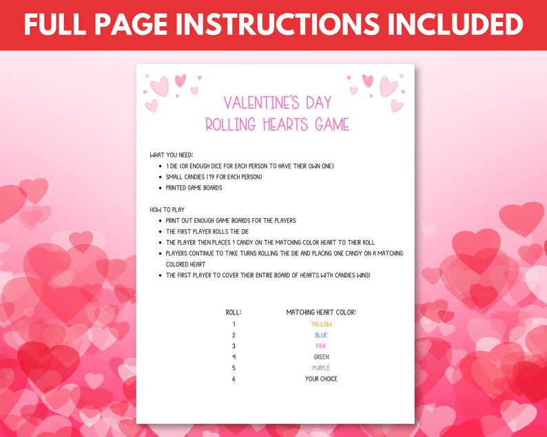 Valentine's Day Printable Kids Rolling Hearts Game, Candy Dice Game ...