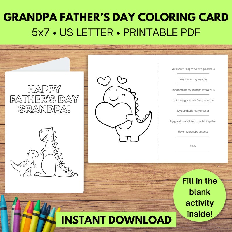 Printable Grandpa Father's Day Dinosaur Coloring Card, Papa Grandfather ...