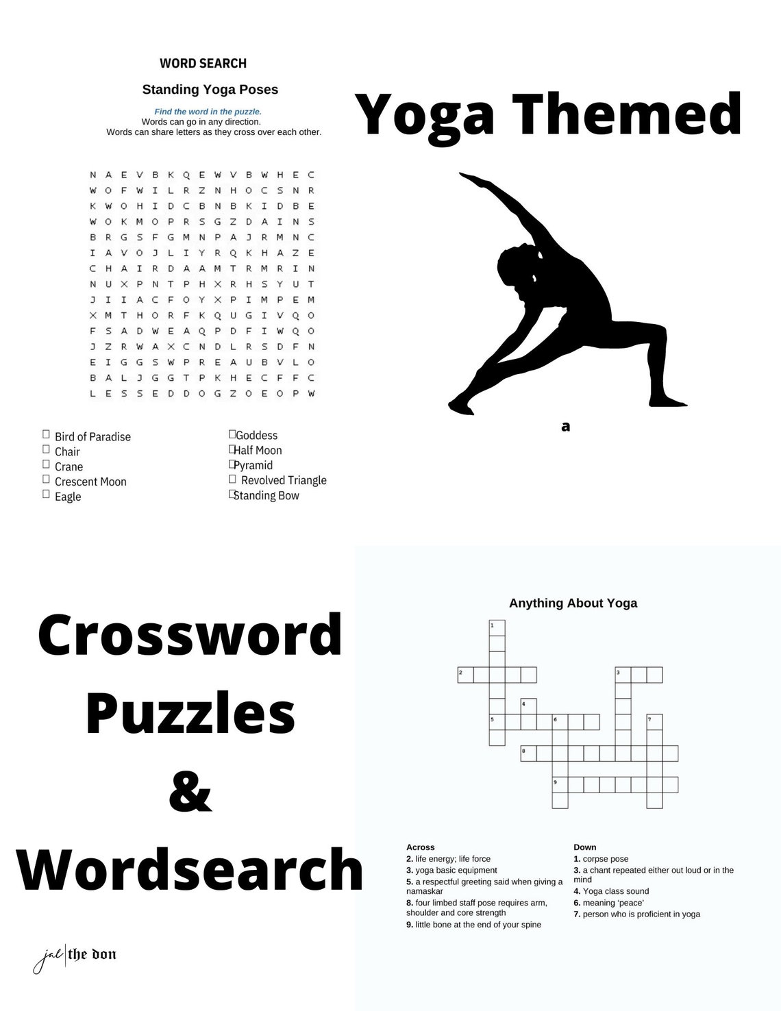 Yoga Crossword Puzzle, Wordsearch, Yoga Theme Puzzle, Adult Coloring ...