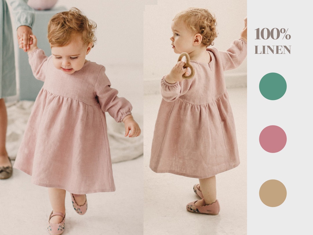 Pink Linen Baby Dress, Baby Girl Flax Dress, Long Sleeve Dress, Chidren ...