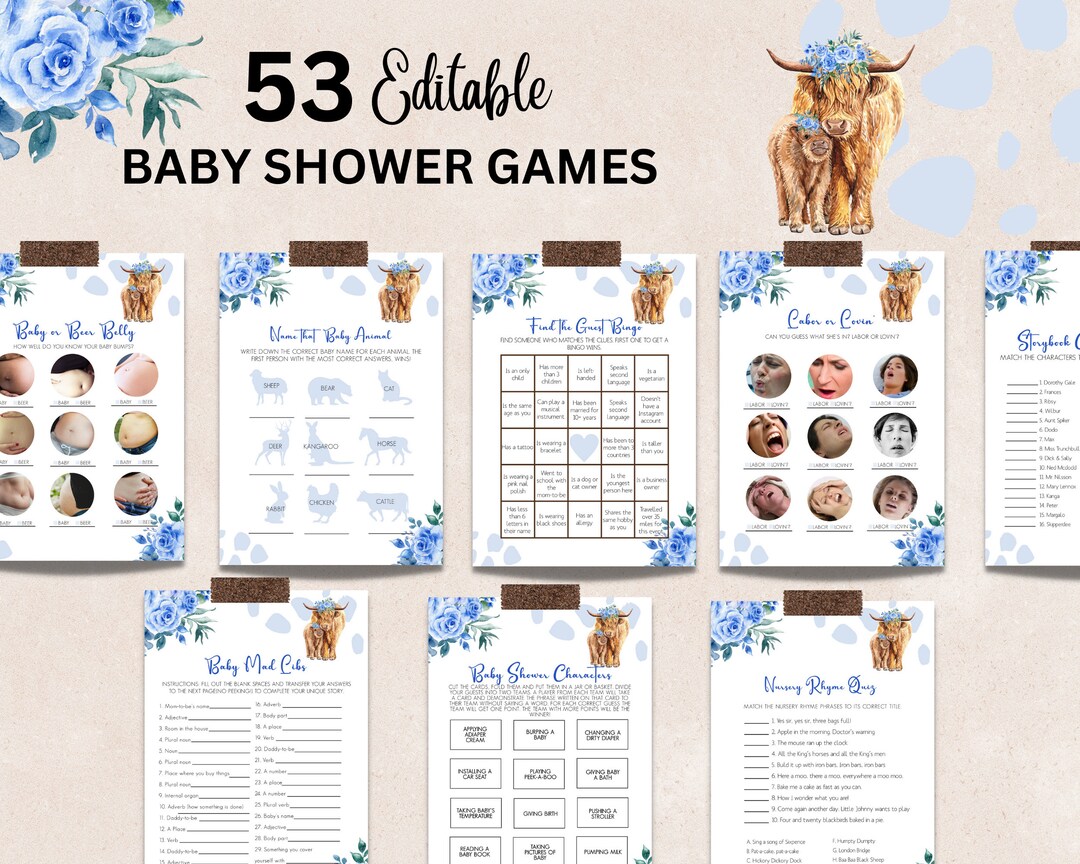 Editable Holy Cow Boy Baby Shower Game Bundle, Highland Cow Boy Baby ...