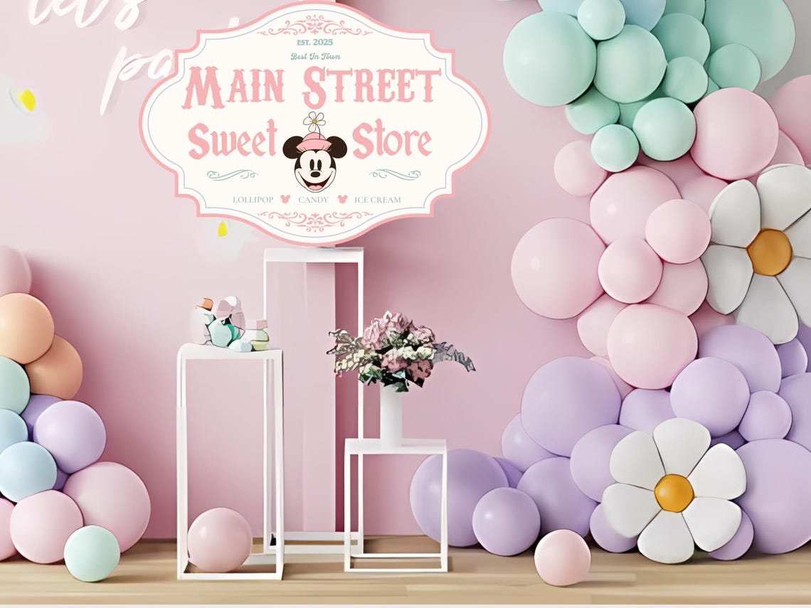 Minnie Mouse Candyland Birthday Sign, Main Street Sweet Shop (digital ...