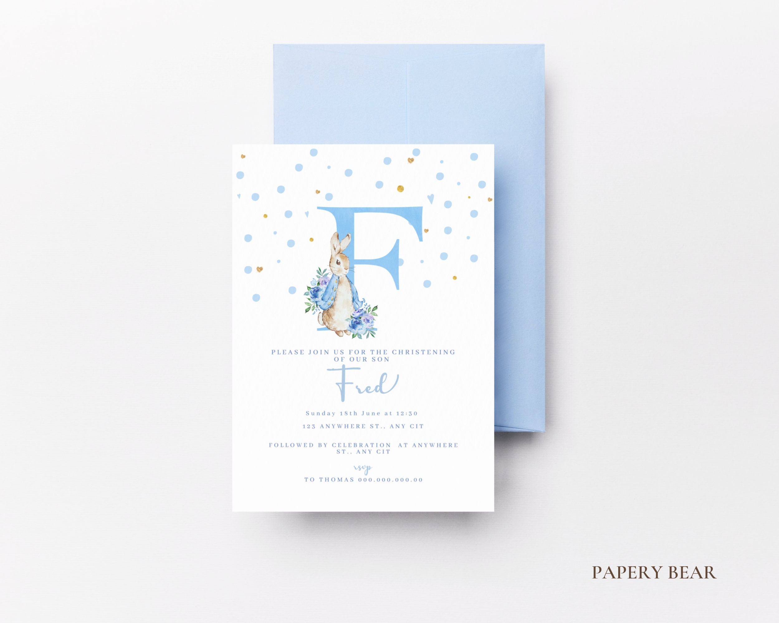 Editable Boy Peter Rabbit Initial Christening Invitations, Peter Rabbit ...