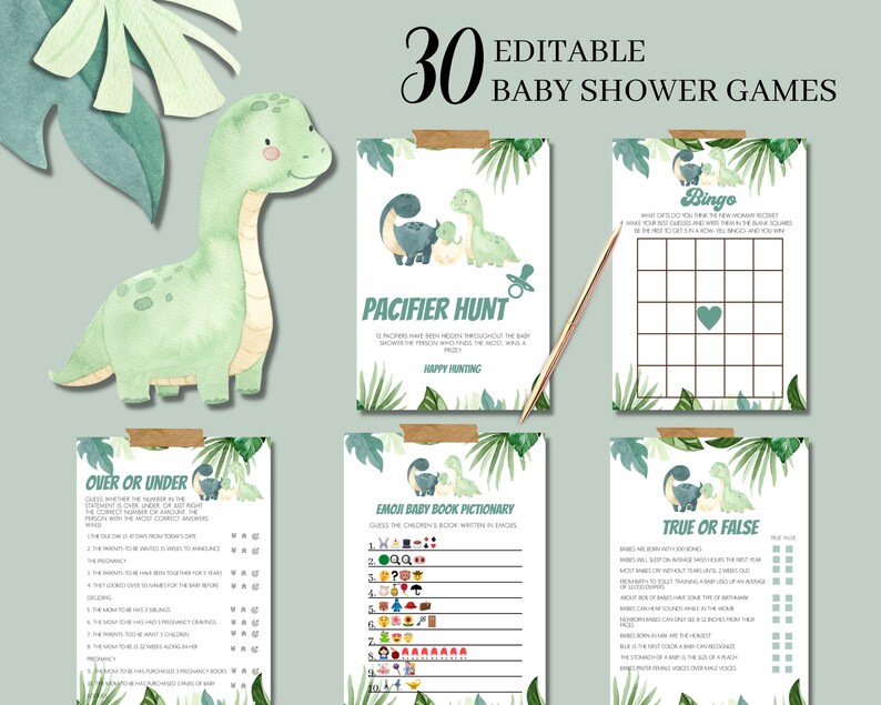 Dinosaur Baby Shower Games Bundle Editable Boy Girl Dino Baby - Etsy
