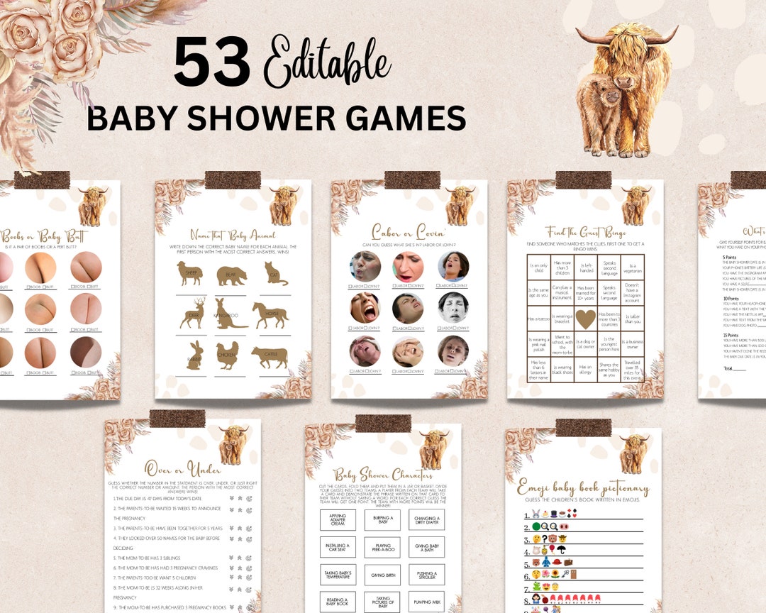 Editable Holy Cow Baby Shower Game Bundle, Gender Neutral Highland Cow ...