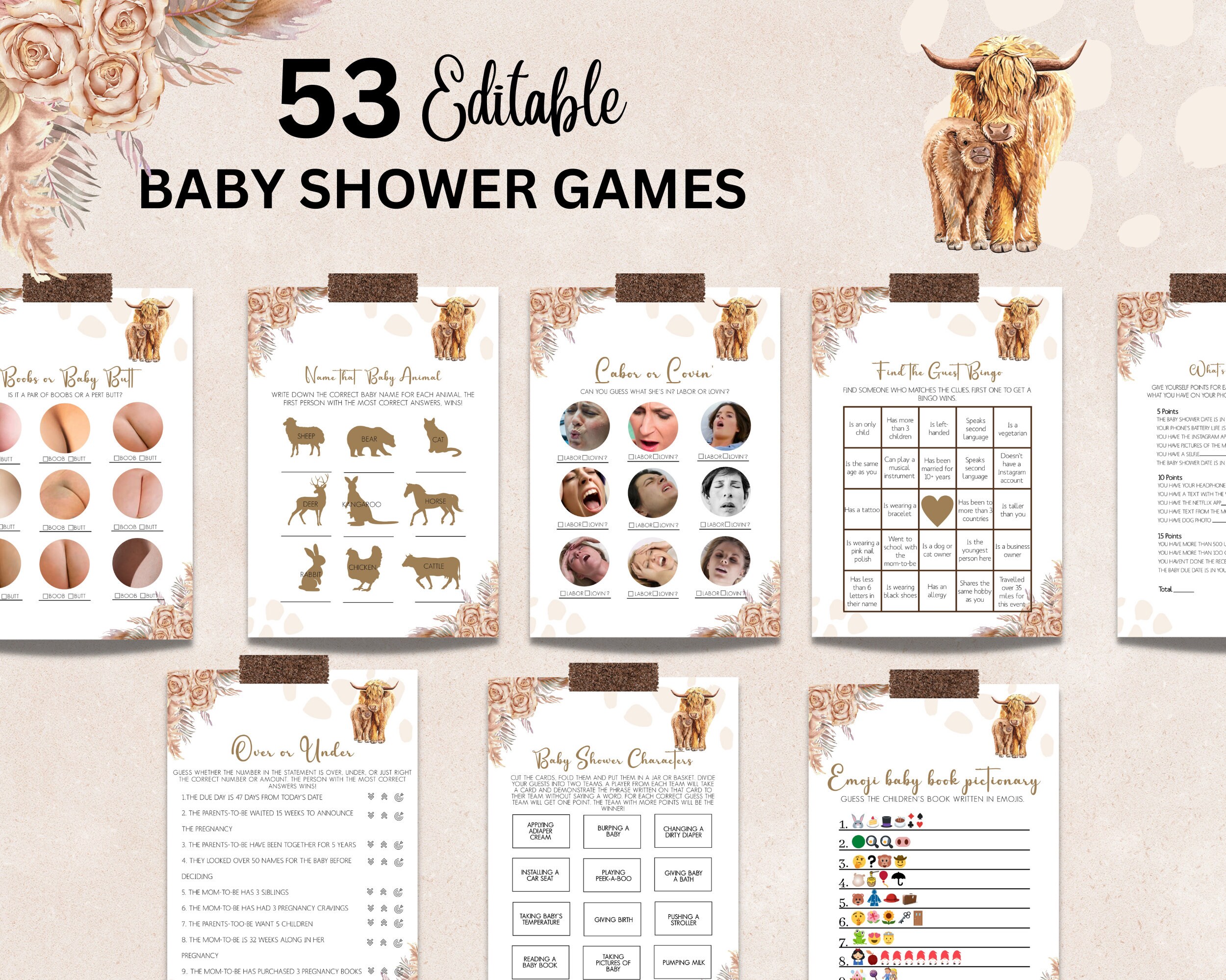 Editable Holy Cow Baby Shower Game Bundle, Gender Neutral Highland Cow ...