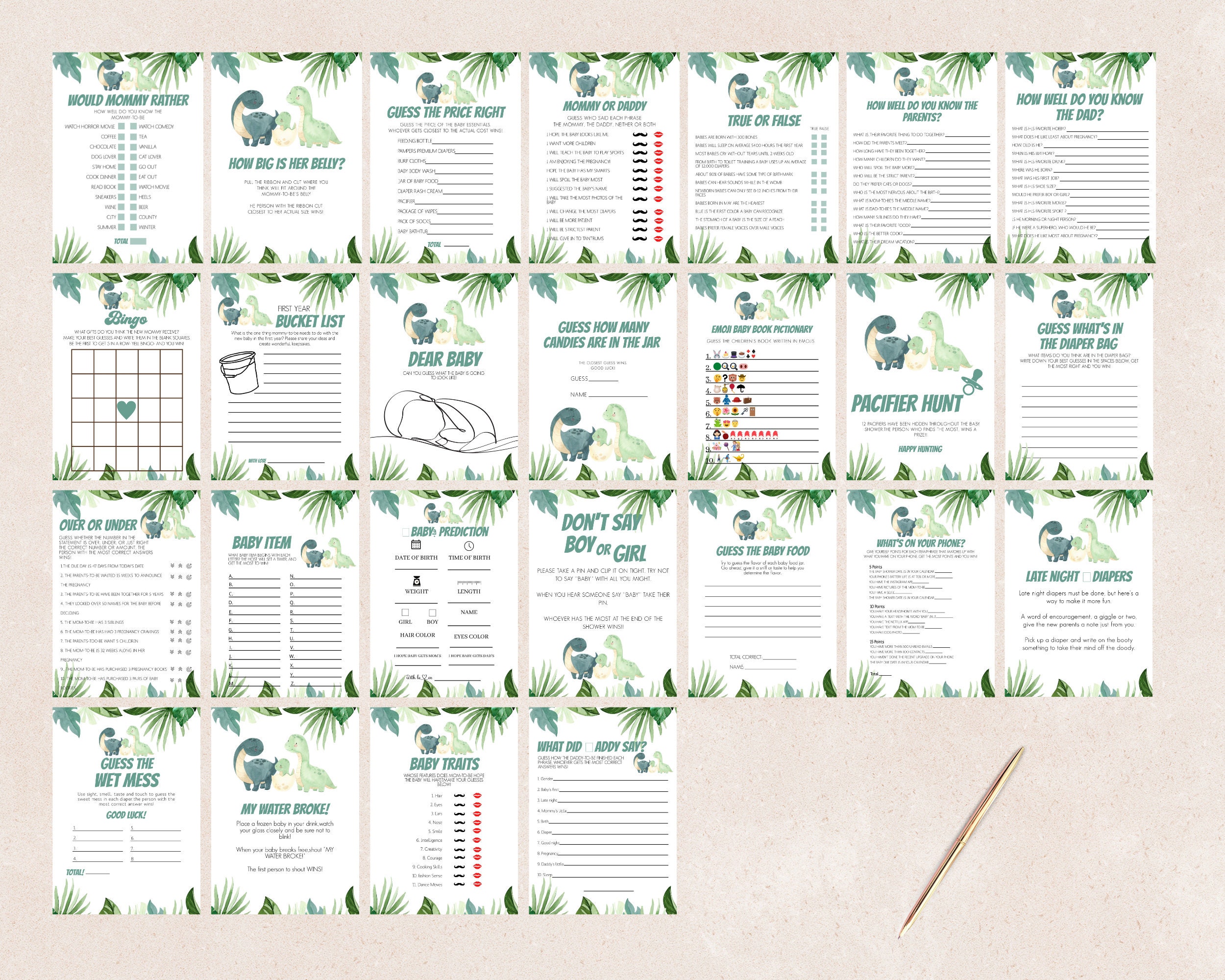 Dinosaur Baby Shower Games Bundle, Editable Boy Girl Dino Baby Shower ...