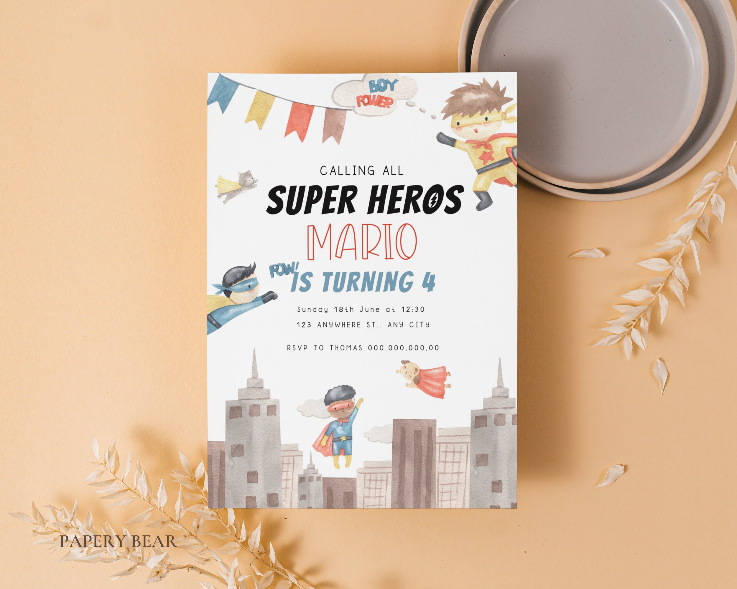 Editable Superhero Invitation, Superhero Birthday, Watercolor Superhero ...