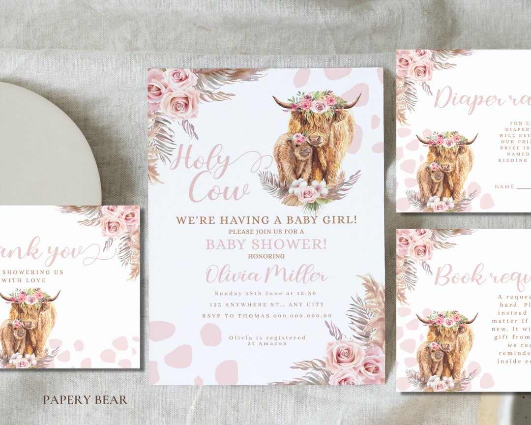 Holy Cow Girl Baby Shower Invitation, Highland Cow Baby Shower ...