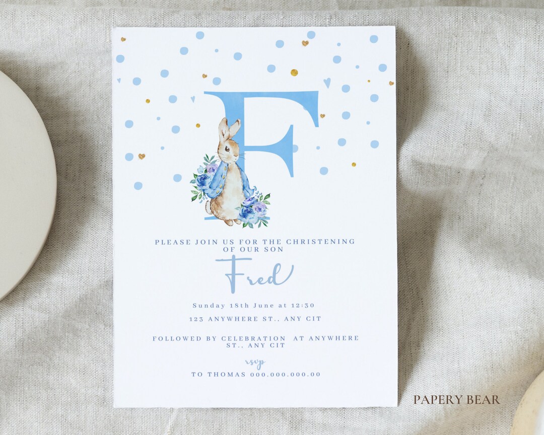 Editable Boy Peter Rabbit Initial Christening Invitations, Peter Rabbit ...