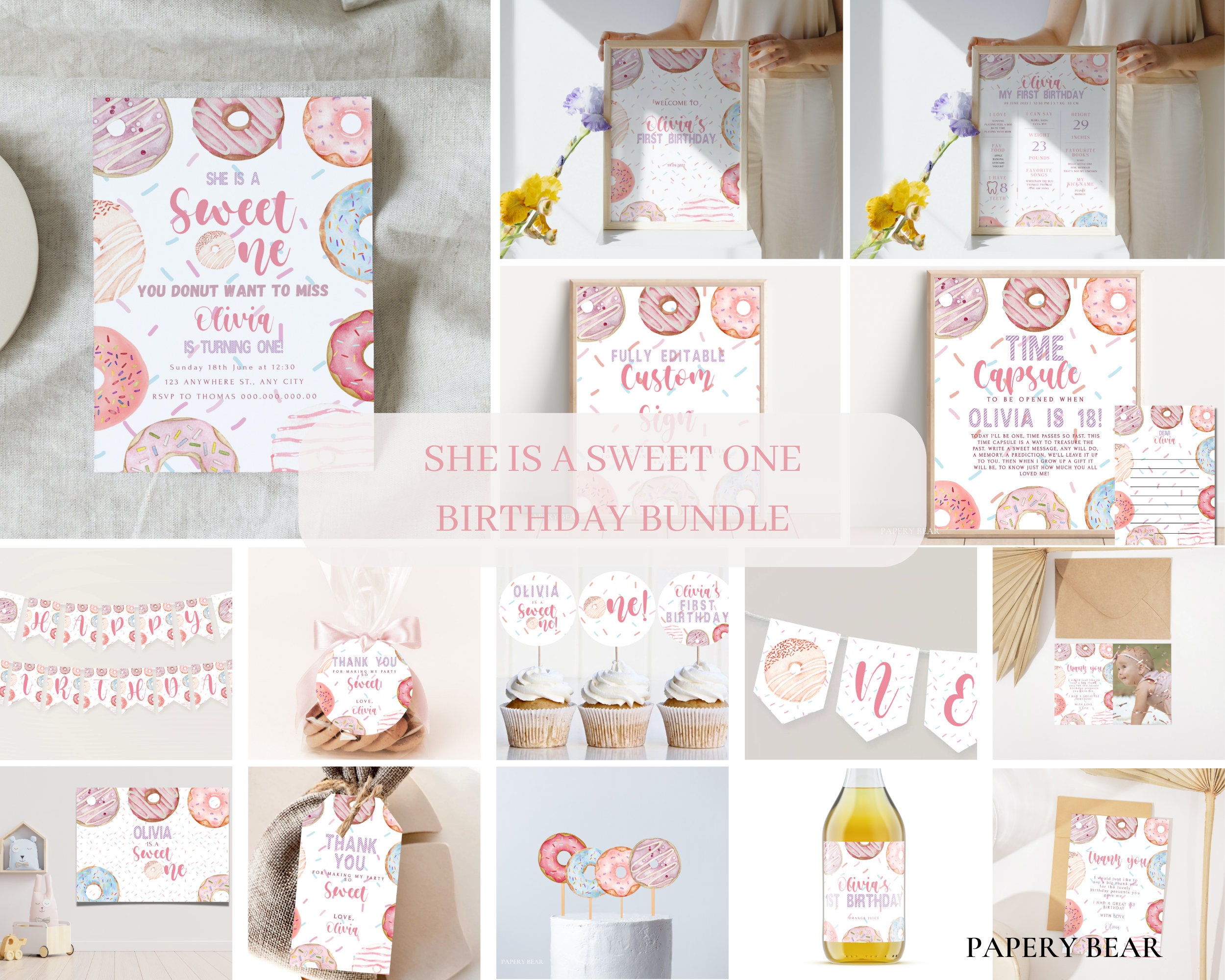 Donut First Birthday Invitation Bundle, Sweet One Donut Party ...